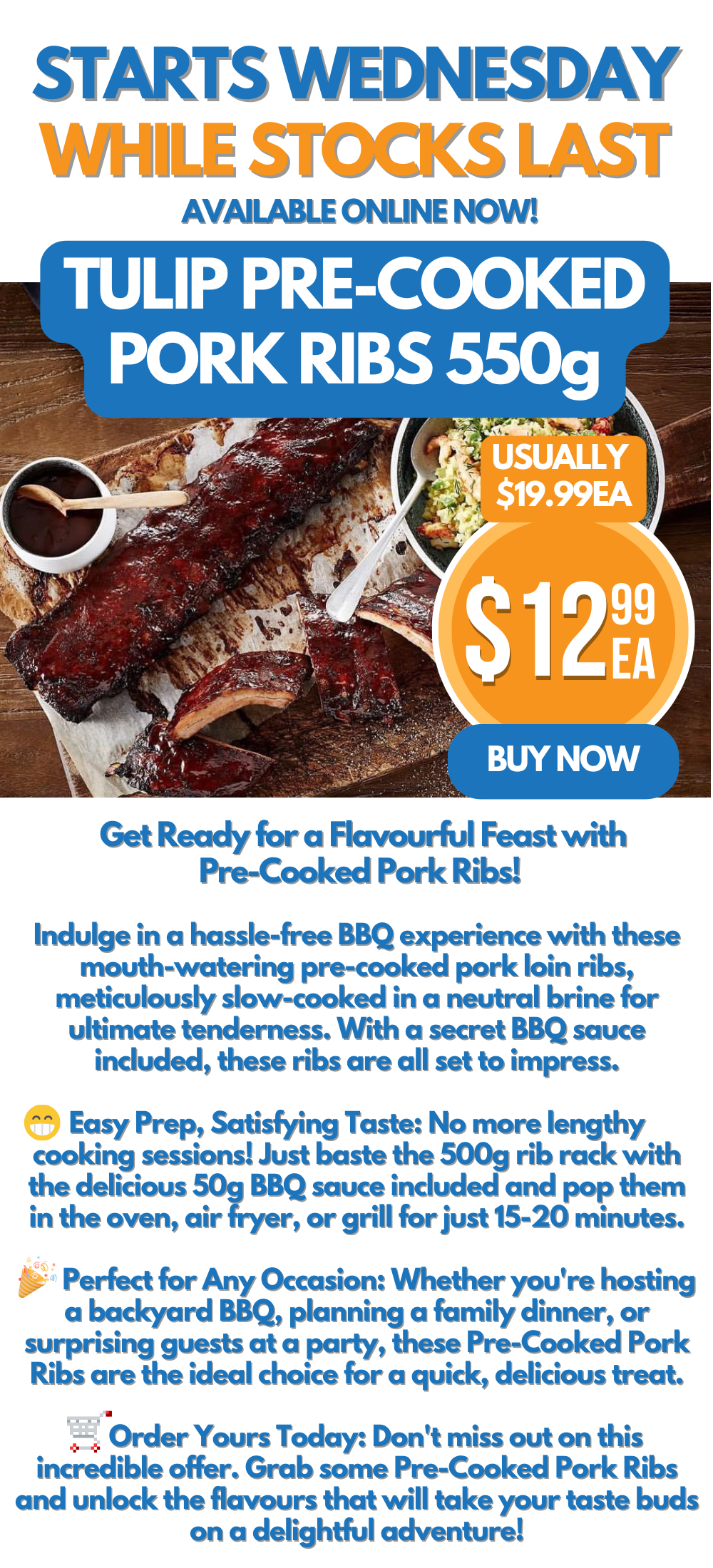 Tulip Pre-cooked Pork Ribs 550g | 12.99ea