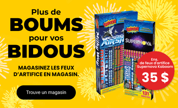 Ens. de feux d'artifice Supernova Kaboom 35 $. Magasinez les feux d'artifice en magasin. Trouvez ...